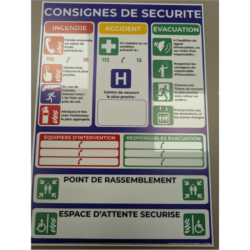 Panneau d'Instructions de Sécurité, Consignes pour Incendie, | Isleden